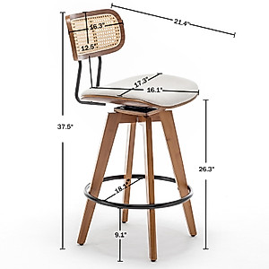 YOUUGIOR 26" Rattan Bar Stools Set of 2, Linen Fabric Counter Height Swivel Barstools with Rattan Backrest and Wooden Legs,Armless Mid Century Modern Bar Chairs for Kitchen/Dining Room/Bar(Beige)