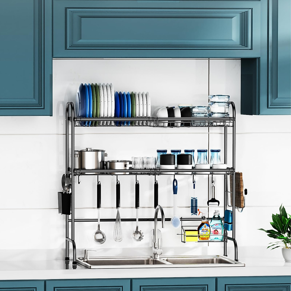 GSlife Over The Sink Dish Drying Rack Stainless Steel 2 Tier Dish Rack Above Kitchen Sink Shelf Durable Dish Drainer, Black