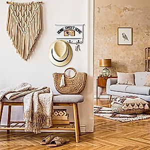 HRONRAD Farmhouse Key Holder for Wall Decorative, Home Sweet Home Decor, 3 Double Metal Key Hooks and 4 Hidden Push & Pull Cover Key Hangers, Rustic Wooden Wall Mounted Key Racks for Entryway (White)