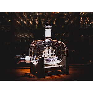 Bourbon Barrel Whiskey Decanter With Ship - 1000ml Liquor Dispenser - Sailing/Boating Gifts for Men and Women, Nautical Decor Retirement Gift (Tomoka Gold)