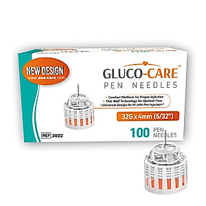 GLUCO-CARE Pen Tips 32G x 5/32’’ (4mm), Universal Fit, Optimal Skin-Contact Base for Comfort, Sterile, 100/bx