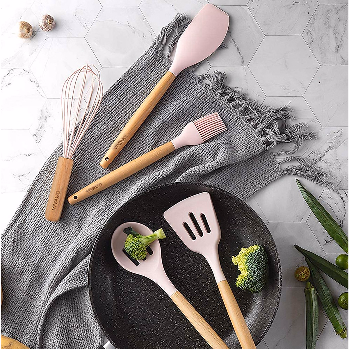 VIVAYO Silicone Cooking Utensil Kitchen Utensils Set, 12 Pieces Silicone Kitchen Utensil Wooden Handles, Kitchen Spatula Sets with Holder Spoon Turner Tongs, Pink