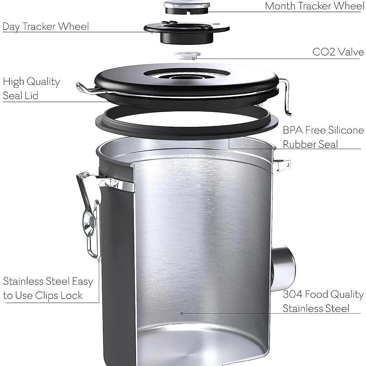 CafetastiQ 38oz / 22oz Coffee Canister – Airtight Stainless Steel Storage Container with Date Tracker & Scoop, Sealed Jar for Grounds, Beans, Tea, Flour, Cereal, and Sugar (Gray Home, 22OZ)