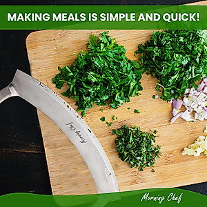 Morning Chef 12" Stainless Steel Mezzaluna Knife | Pizza Cutter | Chopper Dicer Mincer | Curved Blade with Steel Handles | Mezzaluna Sheath Pizza Cutter Rocker, Rocker Knife Veggie Cutter