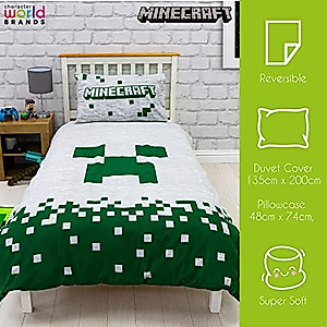 Minecraft Official Single Kids Duvet Cover Set | Character World Brands Pixels Design Reversible 2 Sided Bedding Including Matching Pillow Case | Gaming Single Bed Set Polycotton