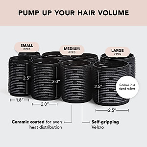 Kitsch Ceramic Thermal Rollers - Self Grip Hair Rollers for Blowout Look Long Hair, Curlers for Short Hair and Medium Hair, Volume Curls, Ceramic Coated Core, Valentines Gift for Her - Black, 8pc