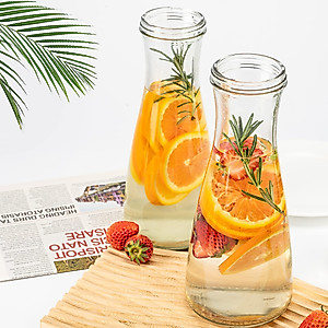 Glass Carafe Pitcher - HIHUOS 34oz Water Carafe Set for Mimosa Bar - Juice Containers with Airtight Lids for Fridge, 3 Pack Tea Pitcher for Juice, Milk, Cold Brew - 3 Wooden Tags and 1 Marker Included