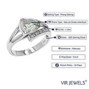 VIR JEWELS 1 cttw Green Amethyst Ring .925 Sterling Silver with Rhodium Trillion Cut 8 MM Size 6