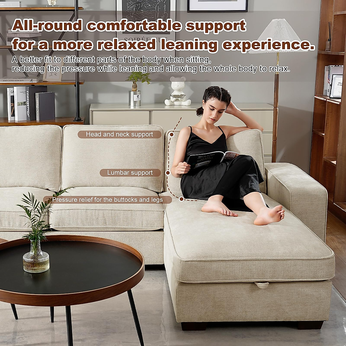 COOSLEEP 99” L-Shape Convertible Sectional Couches Sofas with 190L Storage Chaise,Chenilee Upholstered Sofas with Removable Cushion and Detachable Cover,USB and Type-c Charging for Living Room