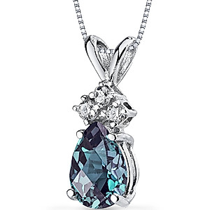 PEORA Created Alexandrite with Genuine Diamonds Pendant for Women 14K White Gold, Color-Changing Pear Shape, 7x5mm, 1 Carat total