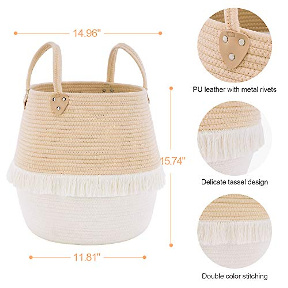 YOUDENOVA Small Laundry Hamper with Handles, Cotton Rope Woven Laundry Basket for Magazine, Clothes, Toys, Blankets, Decorative Cute Tassel Nursery Decor