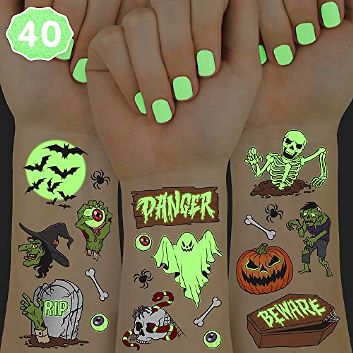 xo, Fetti Halloween Temporary Tattoos for Kids - 40 Glow In Dark Tat Styles | Halloween Decorations, Skeletons, Ghosts, Pumpkins, Spiderwebs