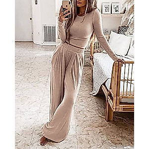 BTFBM Women's Two Piece Lounge Set Long Sleeve Bodycon Ribbed Knit Crop Top Loose Wide Leg Pant Casual Outfits Sweatsuit(Solid Apricot, Small)