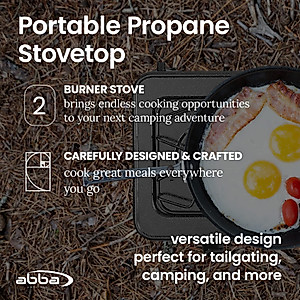 ABBA Double Burner Portable Propane StoveTop - Lightweight Alloy Steel Portable Stove - Stove for Camping, Patio & Outdoor Activities, 13.19" x 21.85" x 4.33" (Green or Black) (Black)