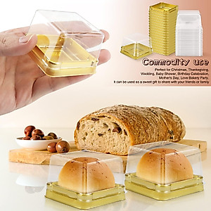 Pralb 100 Set Clear Plastic Mini Cupcake Boxes Muffin Pod Dome Muffin Single Container Box Wedding Birthday Gifts Supplies for Cheese Pastry Dessert Mooncake (square, gold)