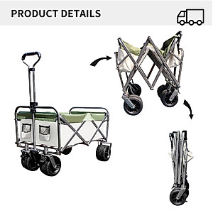 FRANSOUL Collapsible Foldable Wagon, Utility Wagon Garden Trolley Cart Adjustable Handle All-Terrain Beach Wheels & Drink Holders, for Shopping Outdoor Camping Beach Garden, Green+White