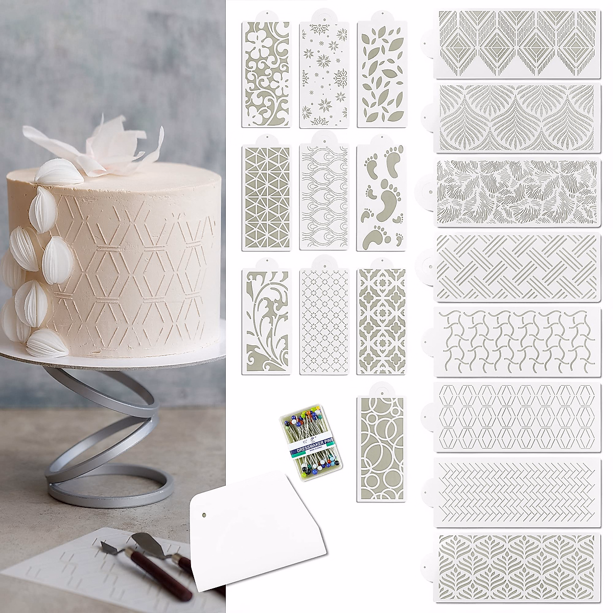 18 PCS Cake Stencils Set - Templates with Scraper and 50 Pins for Decorating Dessert Baking Buttercream Icing Molds Lace Mermaid- Mesh Floral Reusable Spray Fondant Cookie Wedding