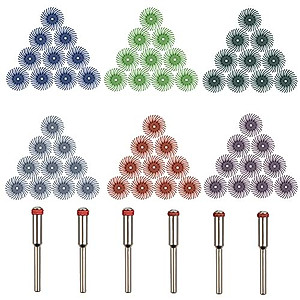 BUYGOO 60pcs 1 Inch Bristle Disc Kit with 6pcs Mandrels for Rotary Tools, Detail Abrasive Wheel for Cleaning & Polishing, Radial Bristle Wheel with Grit 80 120 220 400 600 1000
