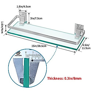 Sanbege Tempered Glass Bathroom Shelf with Rail, 15" x 4.5" Rectangular Shower Caddy, Wall Mount Floating Shampoo Holder for Lavatory, Kitchen, Living Room