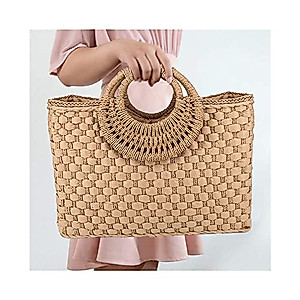 QTKJ Women Summer Retro Straw Bag with Zip Hand-woven Beach Handbag Top Round Handle Boho Tote Bag Shopping and Travel Large Bag (Khaki)