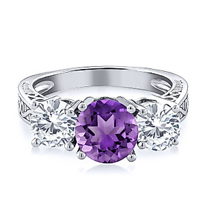 Gem Stone King 925 Sterling Silver Round Purple Amethyst and White Moissanite 3-Stone Ring For Women (2.20 Cttw, Gemstone Birthstone, Available In Size 5, 6, 7, 8, 9)