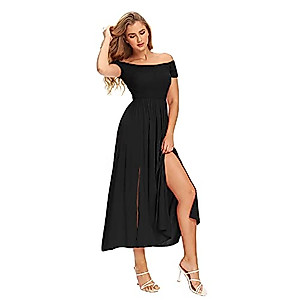 Floerns Women's Boho Floral Print Off Shoulder Split Long A Line Dress A Solid Black XXL