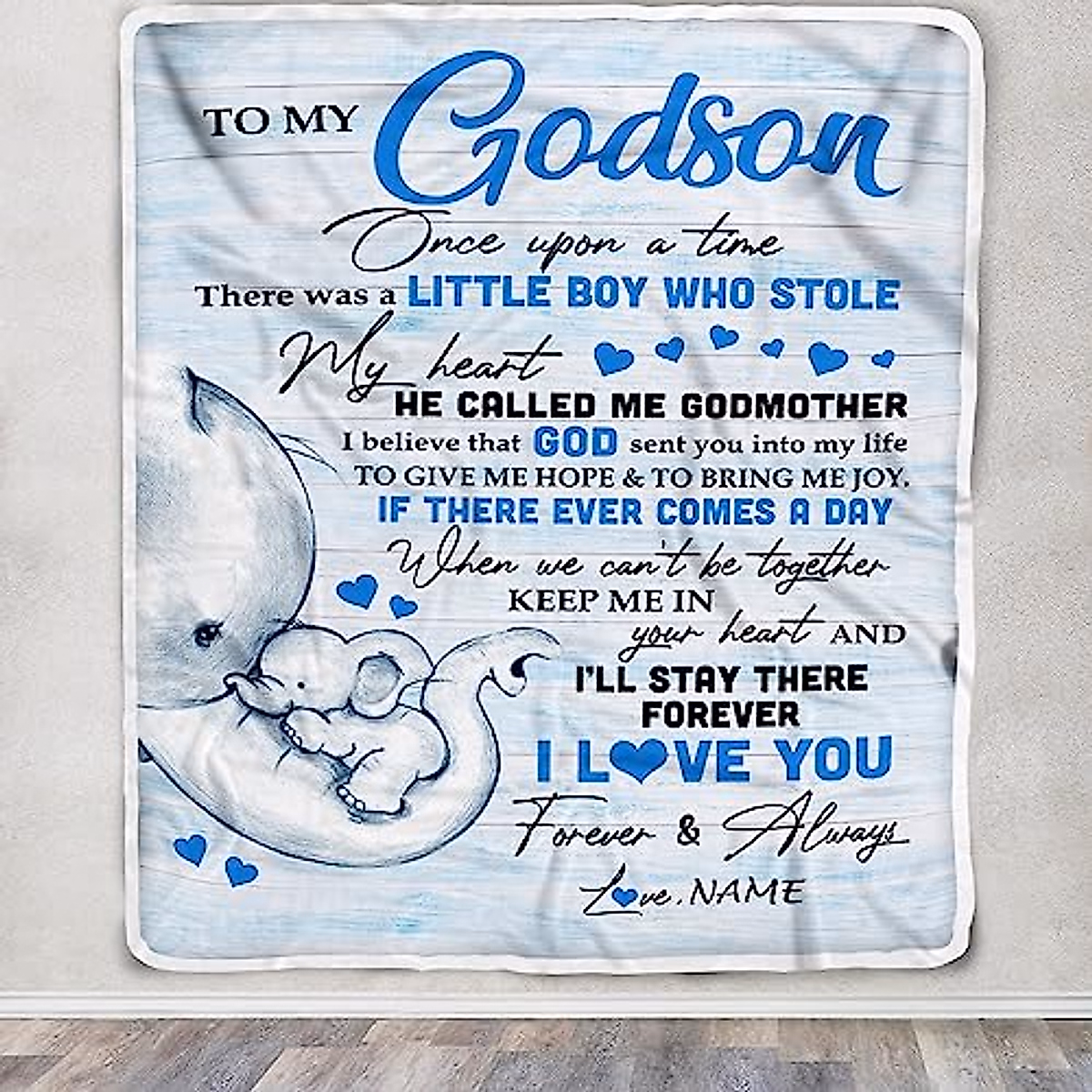 TeesNow Personalized to My Godson Elephant Blanket from Godmother I'll Stay There Forever Godson Birthday Christmas Customized Bed Quilt Fleece Throw Blanket (30 x 40'' - Baby Size) 1068