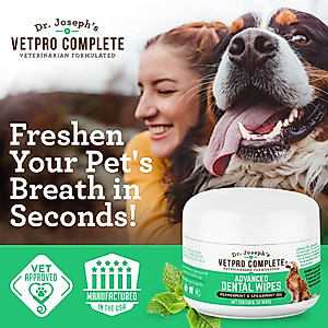 VetPro Complete Dr. Joseph's Advanced Dog Dental Wipes, 50 Count, Easy Teeth Cleaner for Dogs and Cats with Peppermint and Spearmint, Freshens Breath, Reduces Tartar