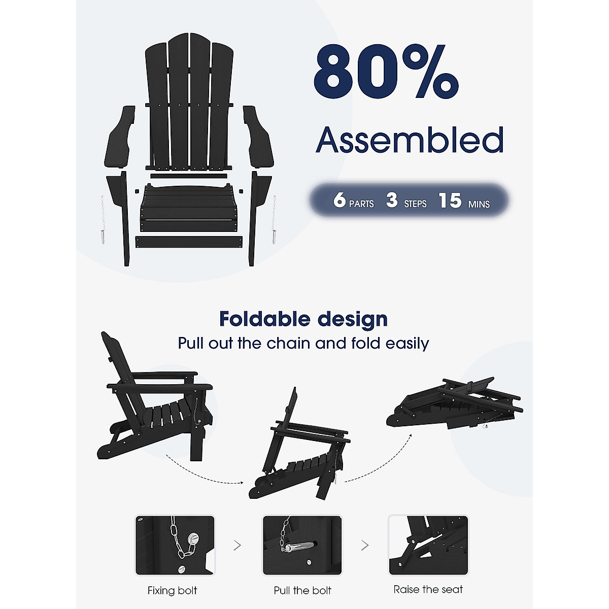 KINGYES Folding Adirondack Chair, HDPE All-Weather Folding Adirondack Chairs, Outdoor Patio Adirondack Chair for Deck Lawn fire Pit, Black