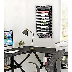 EasyPAG Mesh Wall File Holder 10 Pocket Assembly Office Hanging File Folder Organizer Magazine Rack Mail Sorter Bin | Nametag Label Included, Black