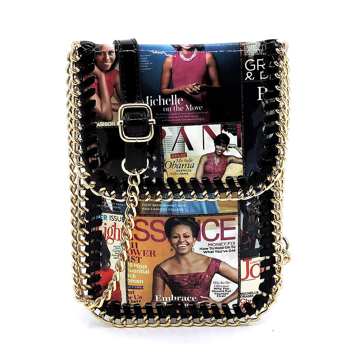 Amy & Joey Glossy magazine cover collage chain around Large crossbody bag purses cellphone carrying bag Michelle Obama bags (MT/BK)