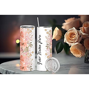 Personalized Flowered Skinny Tumbler 20Oz, Stainless Steel with lid, Straw, Brush and Non-Slip Base. Keep Drinks Hot or Cold. Use like Water Bottle, Coffee Mug, Travel Mug, Wine Cup. (Glitter Orange)