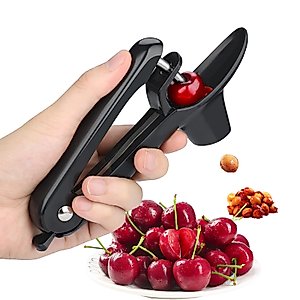 Cherry Pitter - Stainless Steel Olive and Cherries Pitters Corer Tool with Space-Saving Lock Design, Multi-Function Fruit Pit Remover for Cherry Jam (Black)