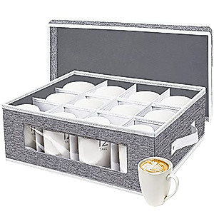 homyfort Mug Storage Box, China Storage Containers Organizer Hard Shell with Dividers for 12 Coffee Mugs, Tea Cup, Moving & Packing (Grey)
