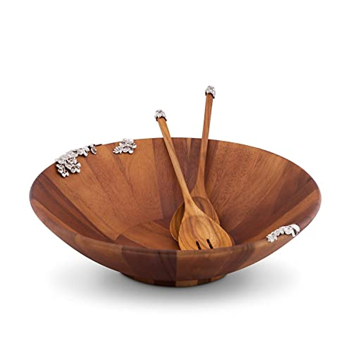 Vagabond House Wood Salad Bowl and Servers Lilacs Pattern 16 inch Diameter 4.5 inch Tall