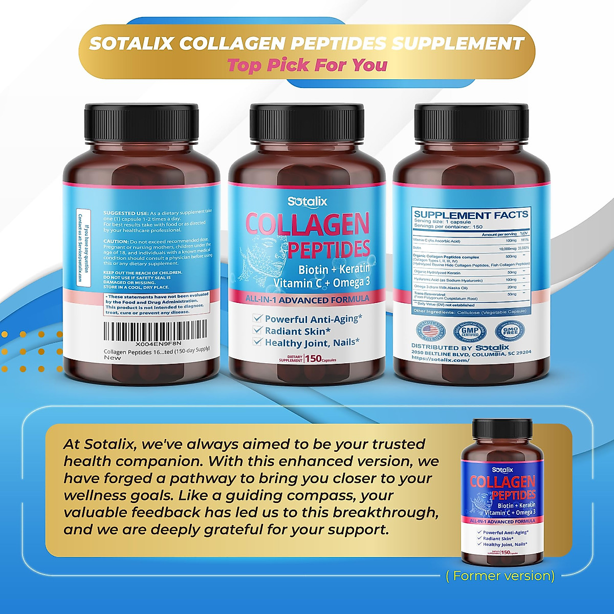 Collagen Peptides 16,780 mg with Biotin + Keratin, Vitamin C + Omega 3 - Radiant Skin, Healthy Joint, Nails - USA Made & Tested (150-day Supply)