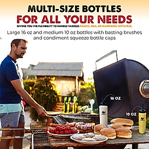 Sauce Basting Bottle Set for Grilling with 3 Silicone BBQ Basting Brush Caps & 2 Squeeze Caps - Squeeze Bottles for Sauces with Applicators, Storage Caps & Funnel - Condiment Sauce Dispenser