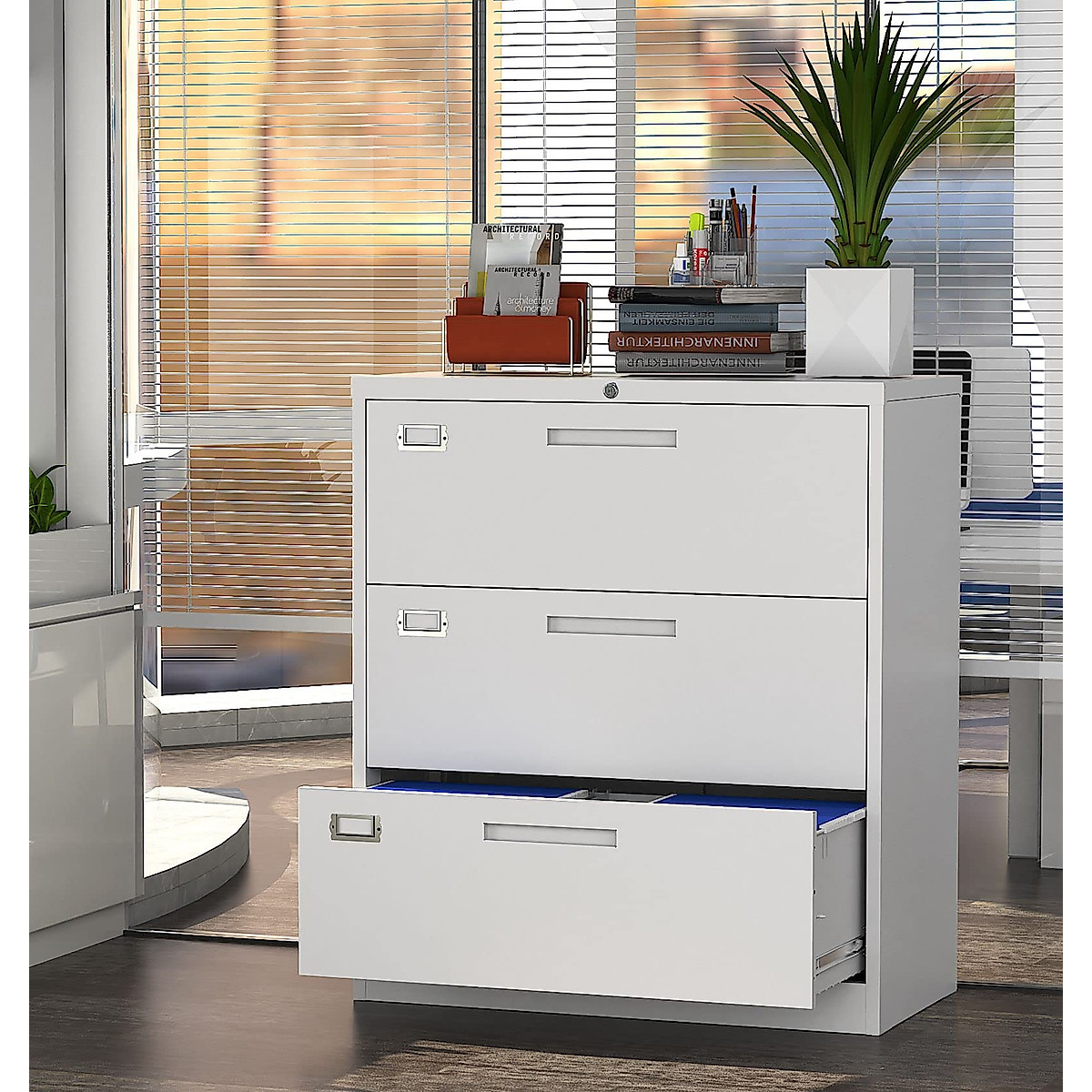 MIIIKO Lateral File Cabinet 3 Drawer, White Metal Filing Cabinet with Lock Lock for Home Office, Large Storage File Organizer for Hanging File Folders,Easy Assemble