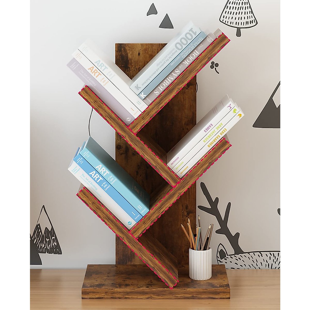 Lydia88 Tree Bookshelf，4-Layer Floor Standing Bookshelf，The Desktop Bookshelf Can Hold Books，Magazines, CDs and Photo Albums，Desktop Organizer，Office Storage Rack Real Wooden Bookshelf