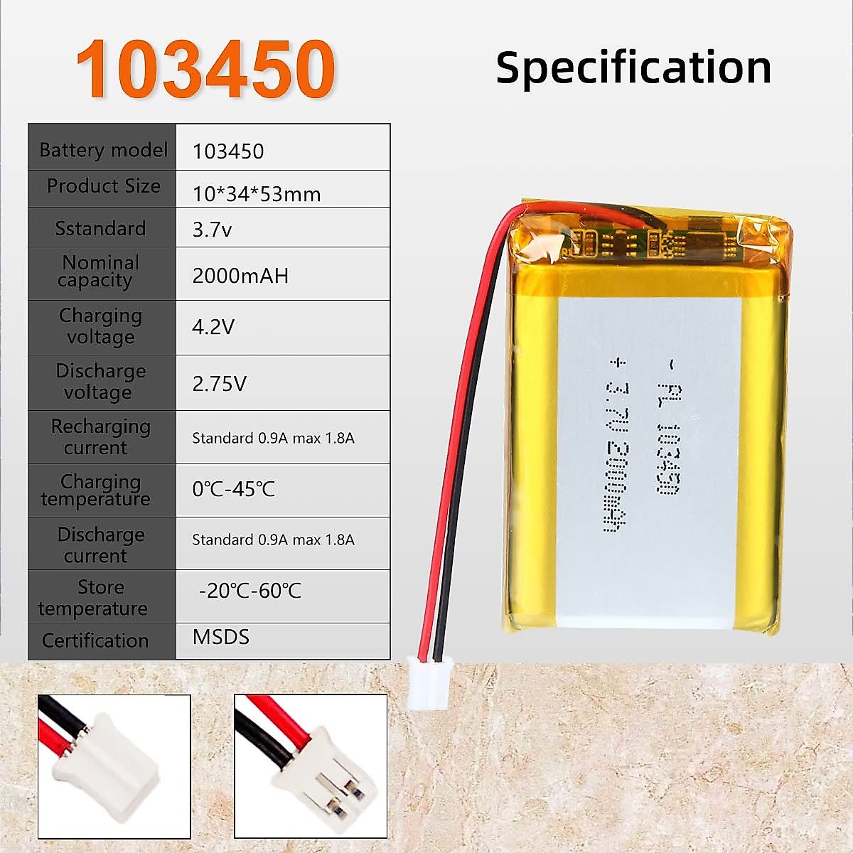 AKZYTUE 3.7V 103450 2000mAh Lipo Battery Rechargeable Lithium Polymer ion Battery with JST Connector, Can Replace 103454 963450 Lipo Battery
