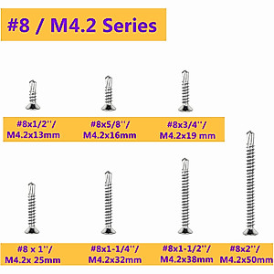 Guard4U 300Pcs 7-Size 410 Stainless Steel #8 SAE Flat Head Phillips Self Drilling Screws Sheet Metal Tek Screws Assortment Kit, Modified Truss Head Self Driller- #8 x 1/2" to #8 x 2"