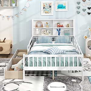 Giantex Full Bed with 2 Storage Drawers, Solid Wood Kids Bed Frame w/Bookcase Headboard & Blackboard, Full-Length Guardrails & Wooden Slats Support, Full Size Bed Frame for Kids Boys Girls, White