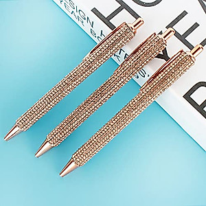 HOCE 3 Pcs Rhinestone Bling Metal Ballpoint Pens 0.7 mm, Black Ink, Gift Pens for Christmas Bridesmaid Wedding Birthday, Rose Gold