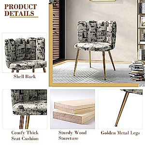 HULALA HOME Modern Dining Chairs Set of 2, Print Living Room Chair with Shell Back and Golden Metal Legs, Comfy Upholstered Cute Accent Chair for Living Room Bedroom Makeup Room Vanity, Grey
