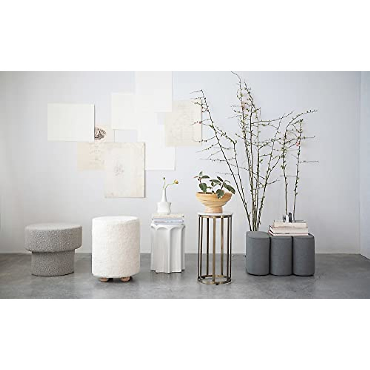 Bloomingville Round Bouclé Fabric Upholstered Pouf, Grey