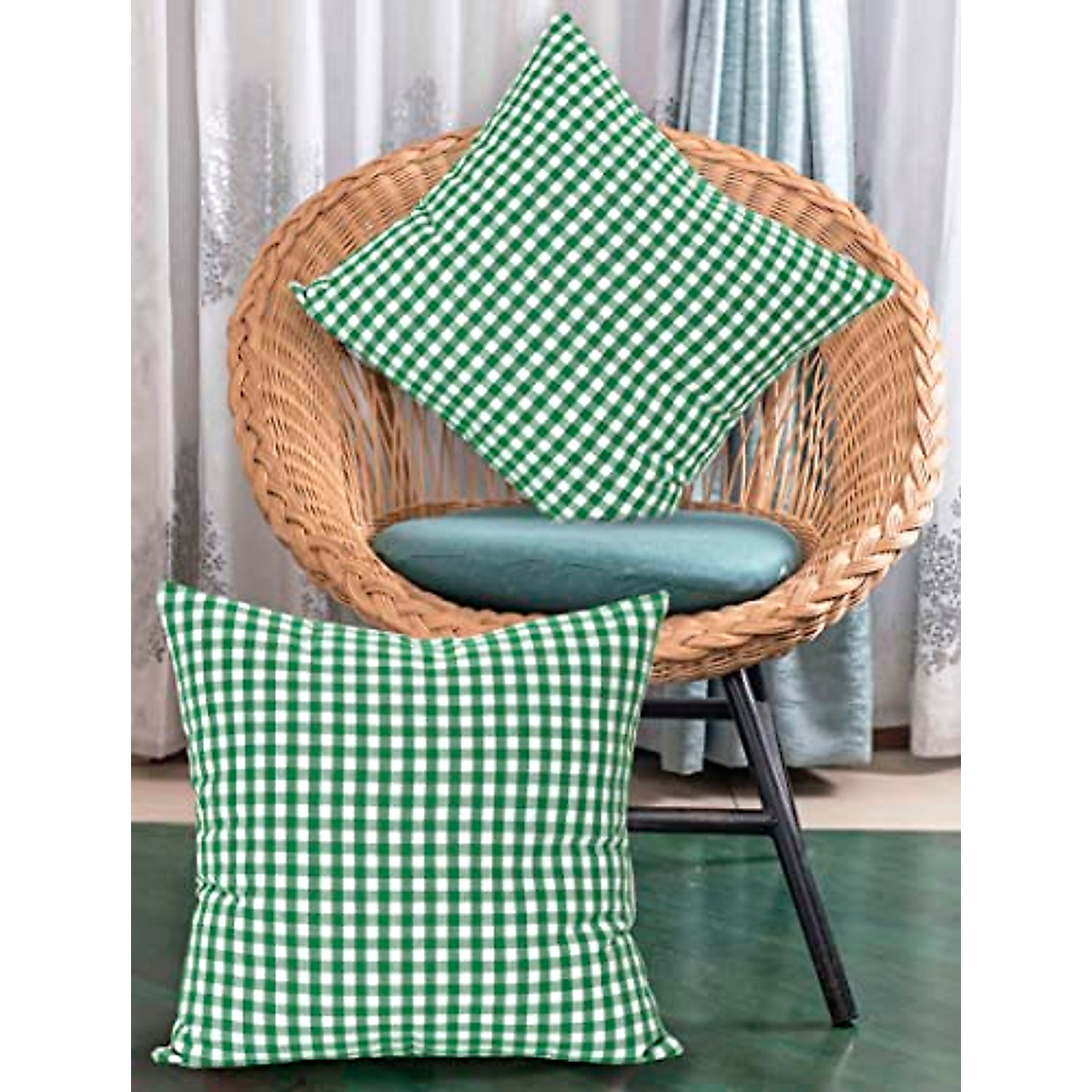 WHITEWRAP Pillow Cover| Farmhouse Checkers Decorative Throw Pillow Cover| Pillowcase| 18x18 inch Pack of 2 Green and White