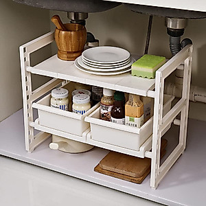 Meonddizio Under Sink Organizers and Storage with Sliding Drawer,Expandable Under Sink 2 Tier (Expand from 22 to 28 inches),2 pack Drawers for Kitchen/Bathroom/Bedroom/Office.