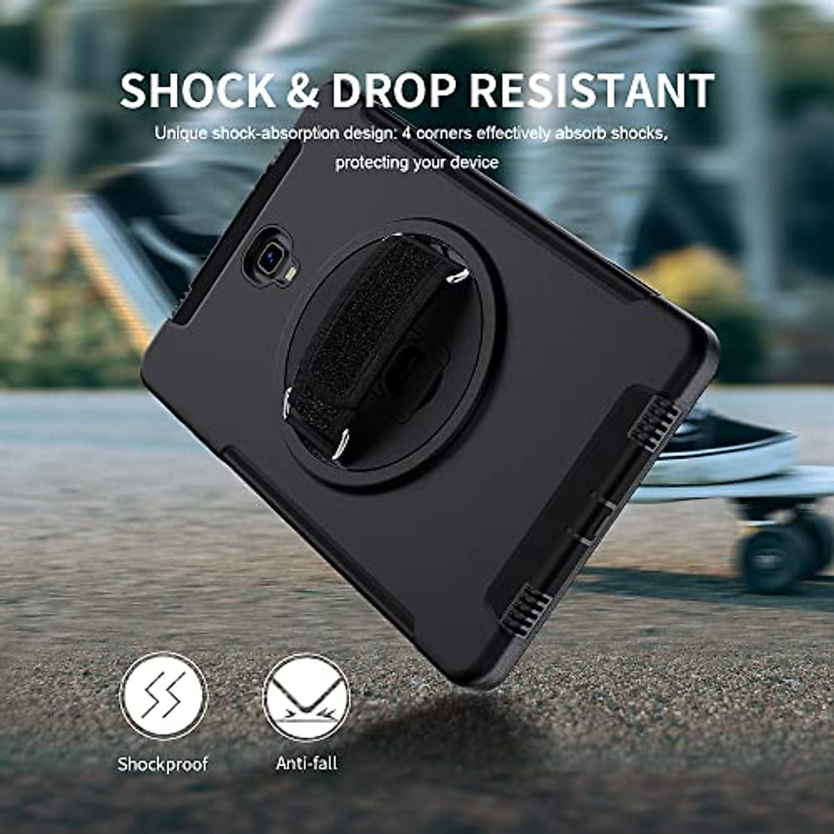 Bkinew Tablet Case for Samsung Galaxy Tab A 10.5-inch 2018 SM-T590/SM-T595/SM-T597 with Screen Protector 360 Rotating Kickstand and Hand/Shoulder Strap Rugged Protective Cover, Black