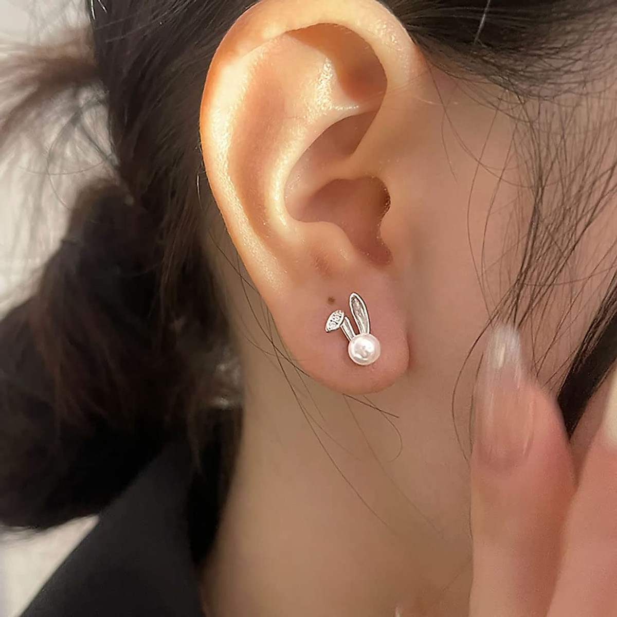 SLUYNZ Cute CZ Pearl Rabbit Studs Earrings for Women Girls Sterling Silver Bunny Studs Earrings Animal Earring Jewelry Birthday Friendship Gift Adult Earrings(A-Silver)