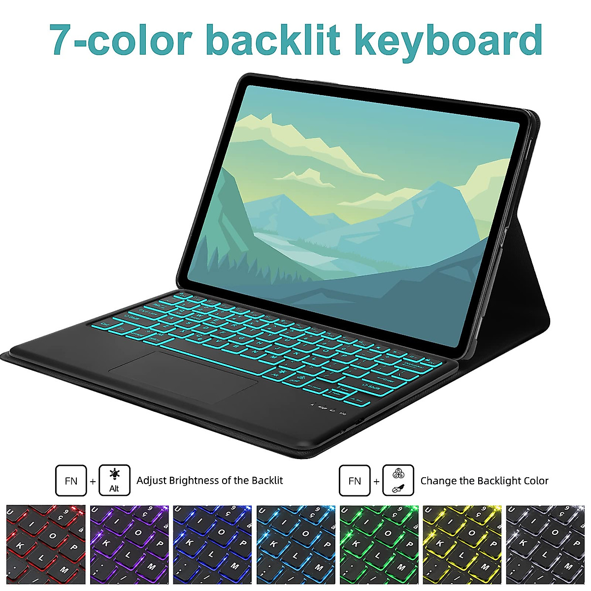 Samsung Galaxy Tab S8 Plus/S7 FE/S7 Plus 12.4 inch Keyboard Case, Smart Touchpad with S Pen Holder, 7 Color Backlit and Detachable Wireless Keyboard Cover, for Tab S7 FE 2021/S7+ 2020/S8+ 2022, Black